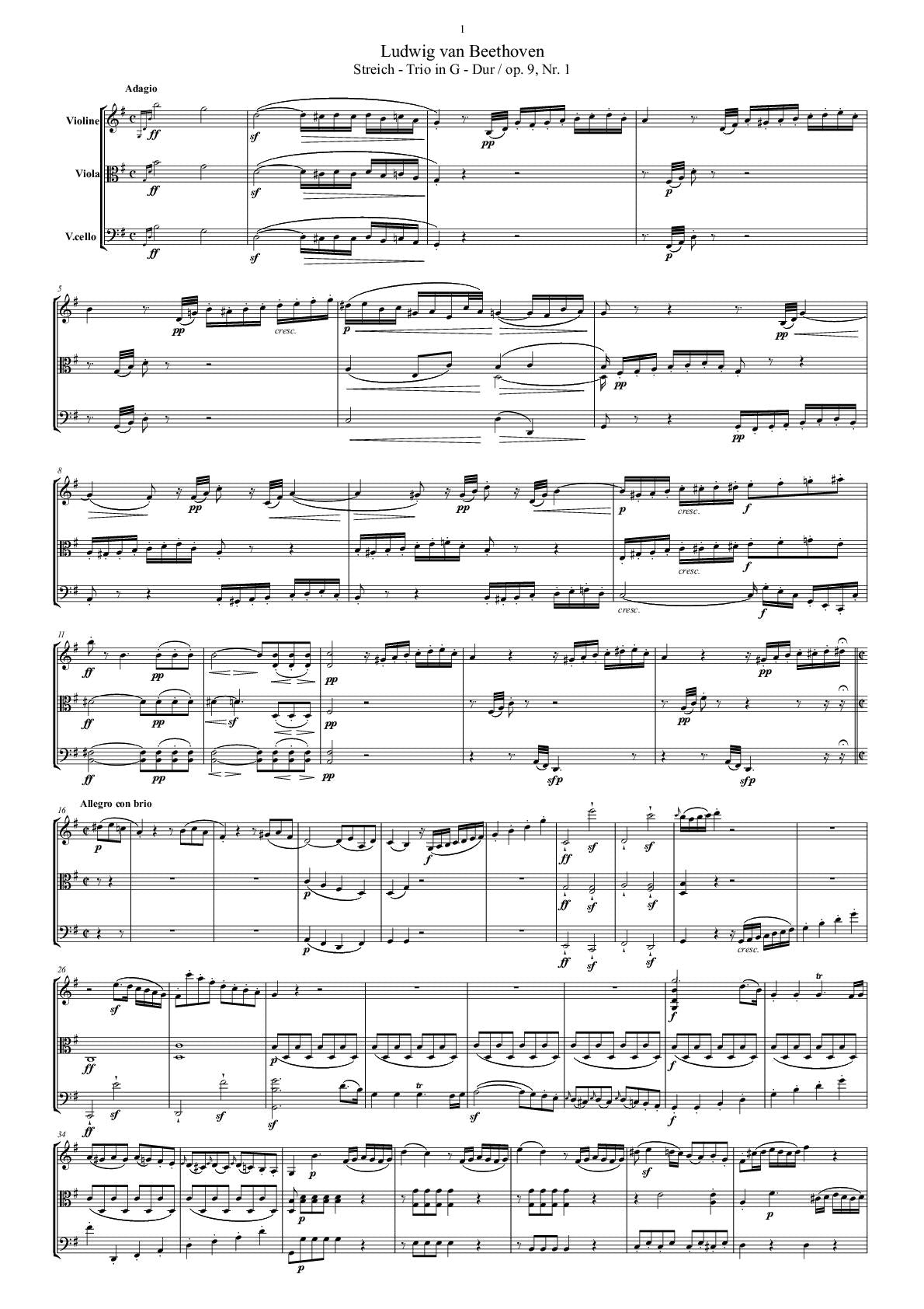 Beethoven: String Trio for violin, viola and cello in G major, Op. 9 ...